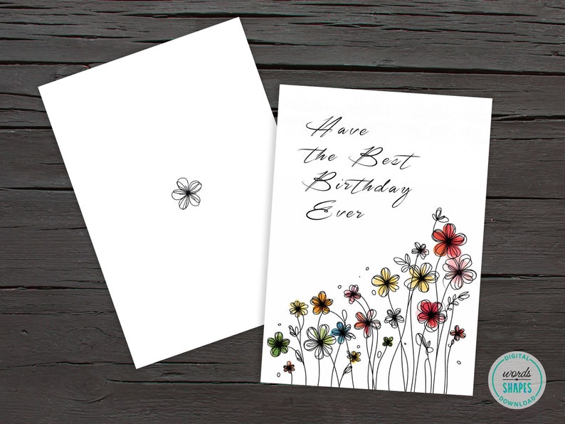 Printable Colorful Birthday Card, Line Art Greeting Card, Floral Happy ...