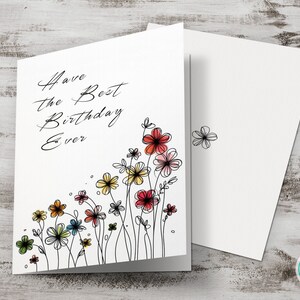 Printable Colorful Birthday Card, Line Art Greeting Card, Floral Happy ...