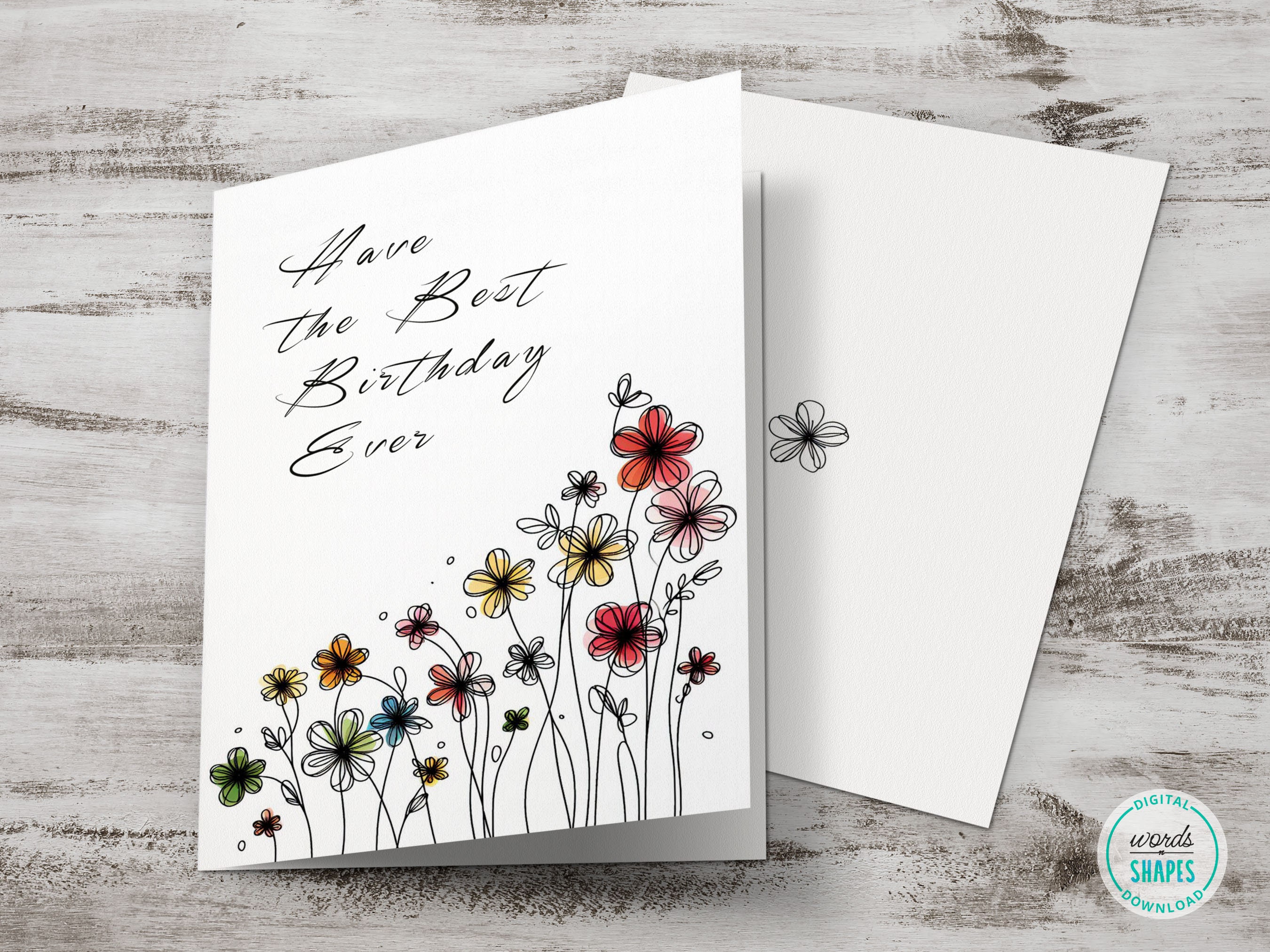 Printable Colorful Birthday Card, Line Art Greeting Card, Floral Happy ...