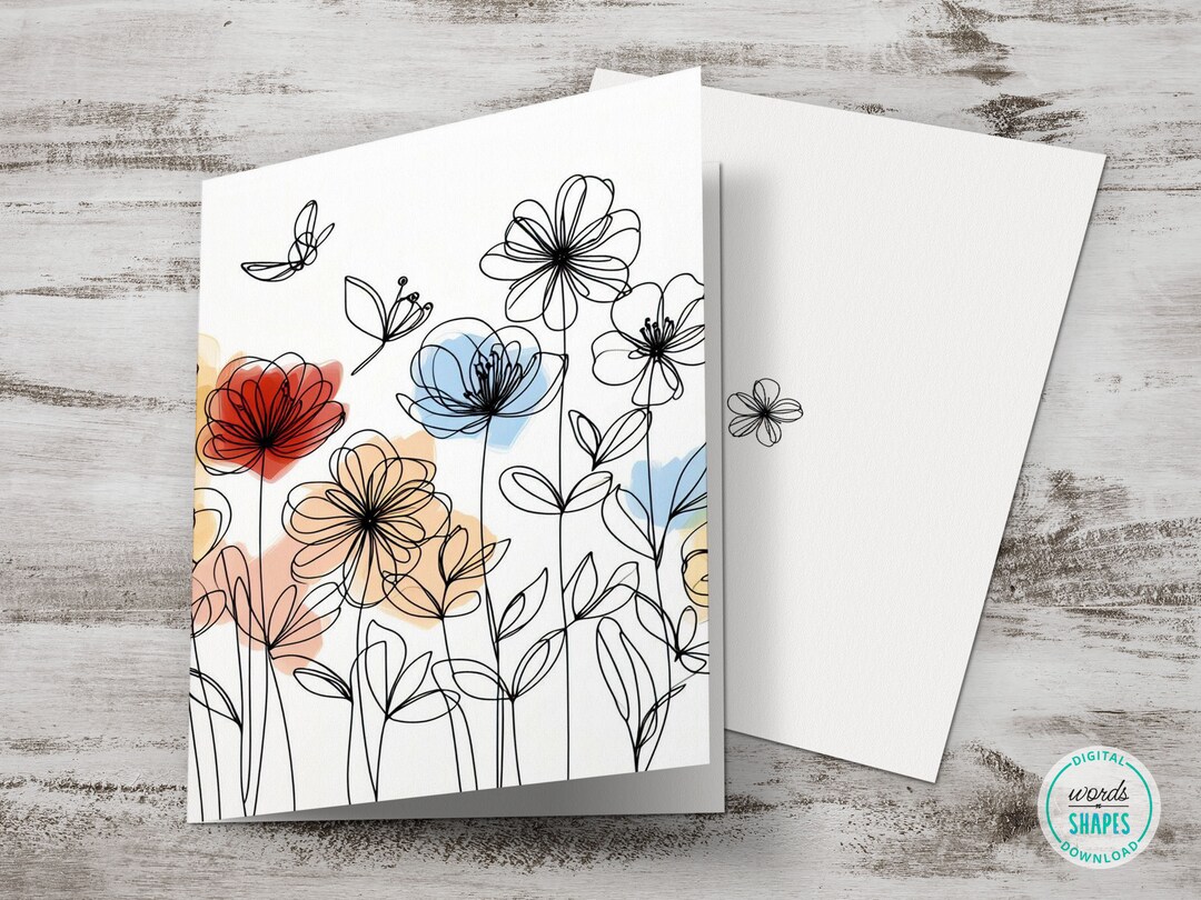 Printable Floral Line Art Card, Colorful Spring Flowers Card, Any ...