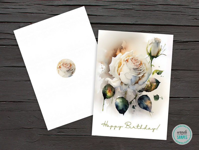 Printable Happy Birthday Card Watercolor White Rose Flower - Etsy