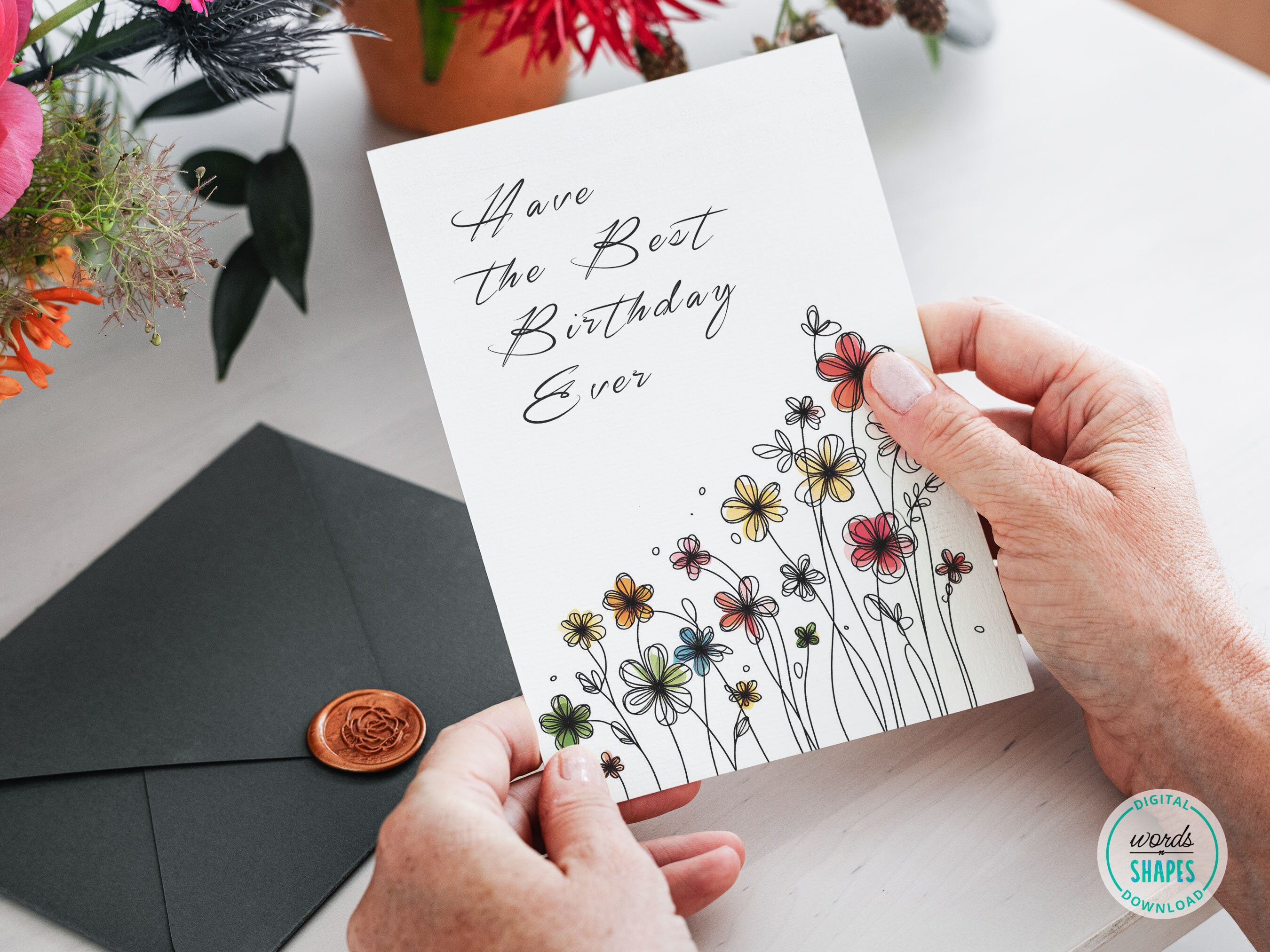 Printable Colorful Birthday Card, Line Art Greeting Card, Floral Happy ...