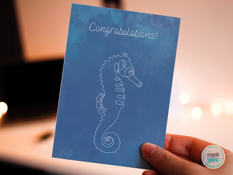Printable Congratulations Card, Seahorse Line Art Card, Blue Greeting ...