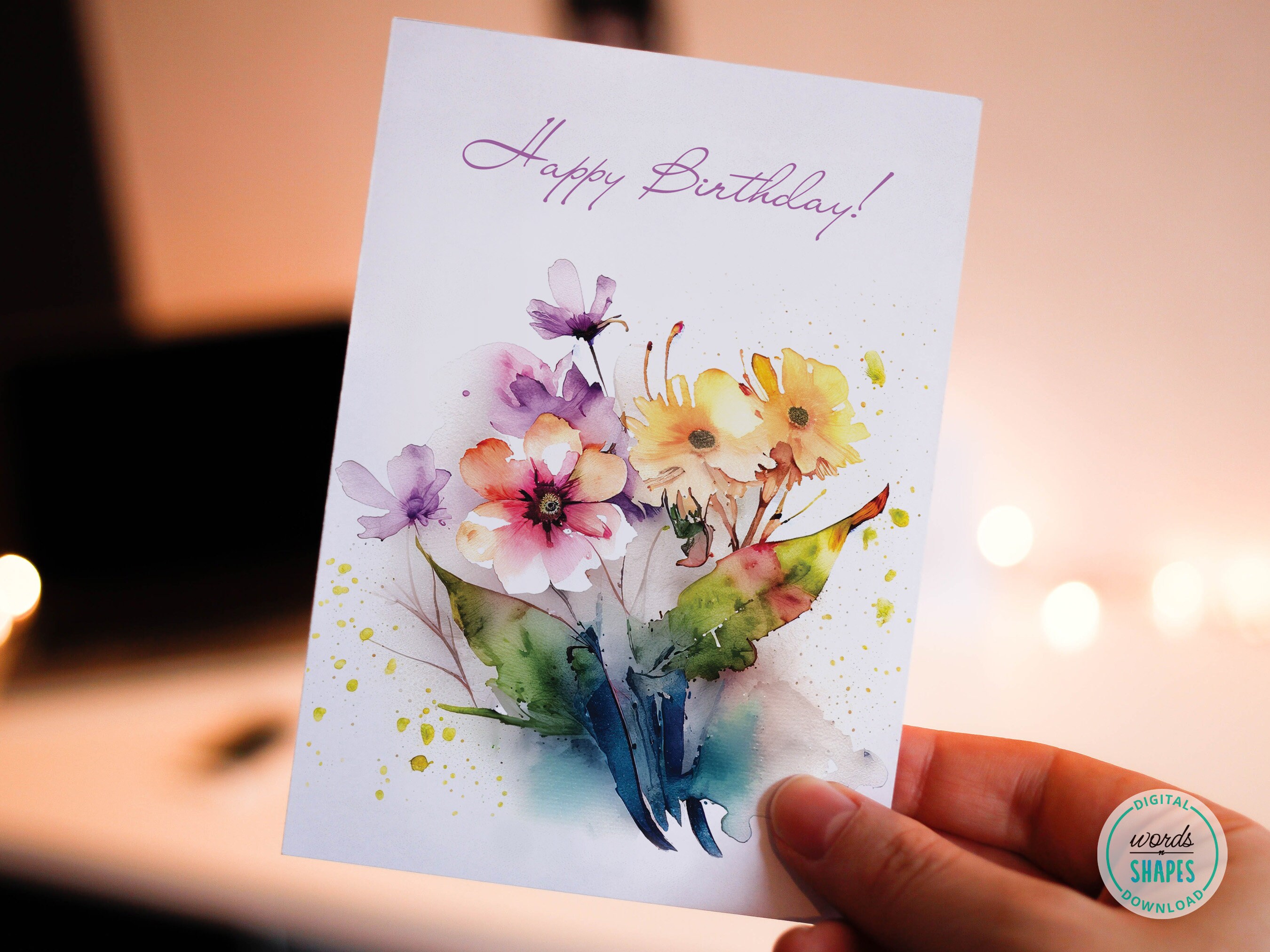 Printable Happy Birthday Card, Watercolor Spring Flowers Birthday Card ...