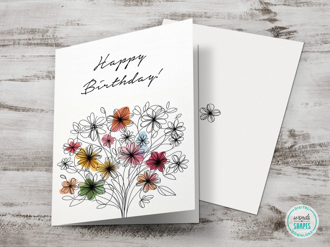 Printable Happy Birthday Card, Birthday Greeting Card, Colorful Floral ...