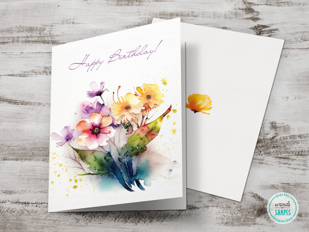 Printable Happy Birthday Card, Watercolor Spring Flowers Birthday Card ...