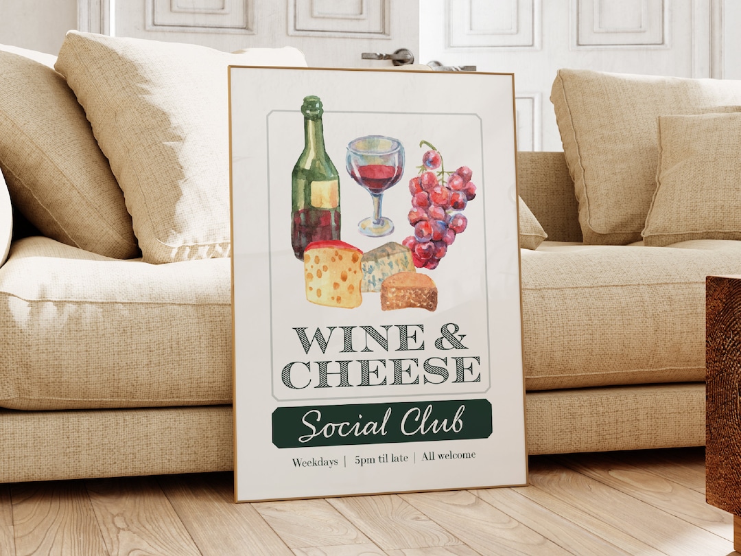 Wine & Cheese Social Club Art Print, Unframed Poster, Vintage Retro ...
