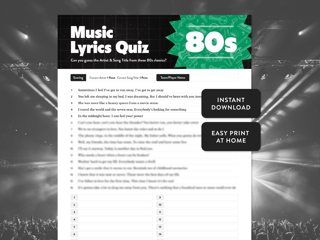 80s Music Lyrics Quiz | Instant Download | Printable at Home - Etsy
