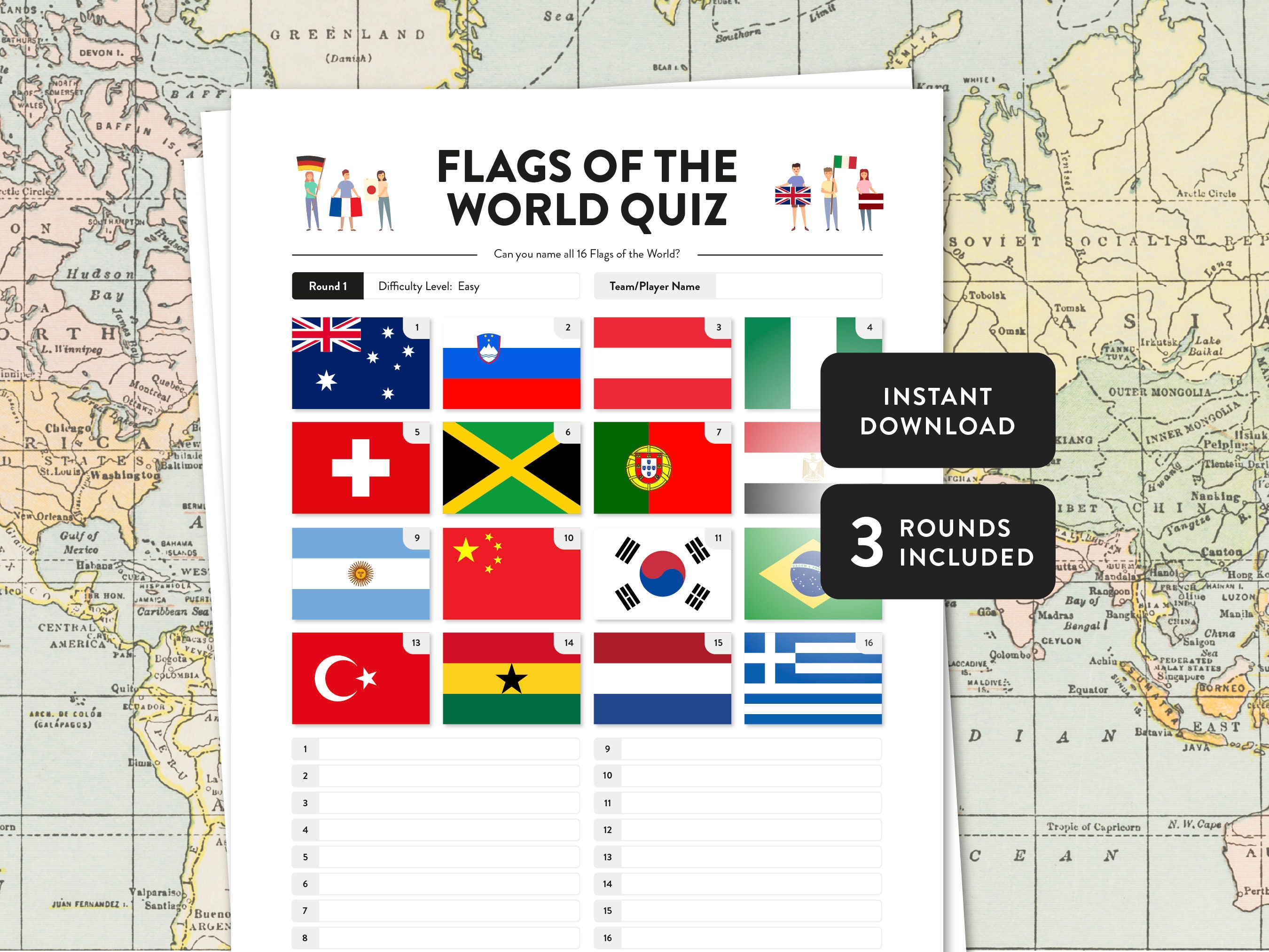 Flags of the World Quiz | Instant Download | Printable at Home | Three ...