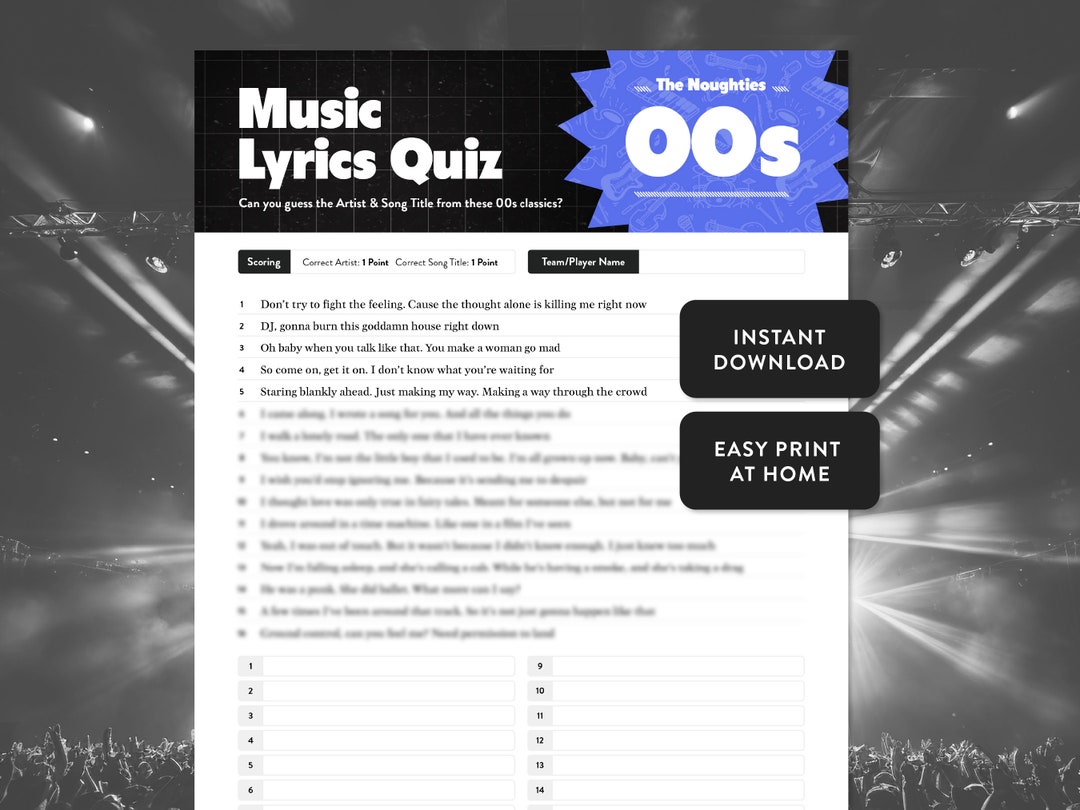 Noughties 00s Music Lyrics Quiz | Instant Download | Printable at Home ...