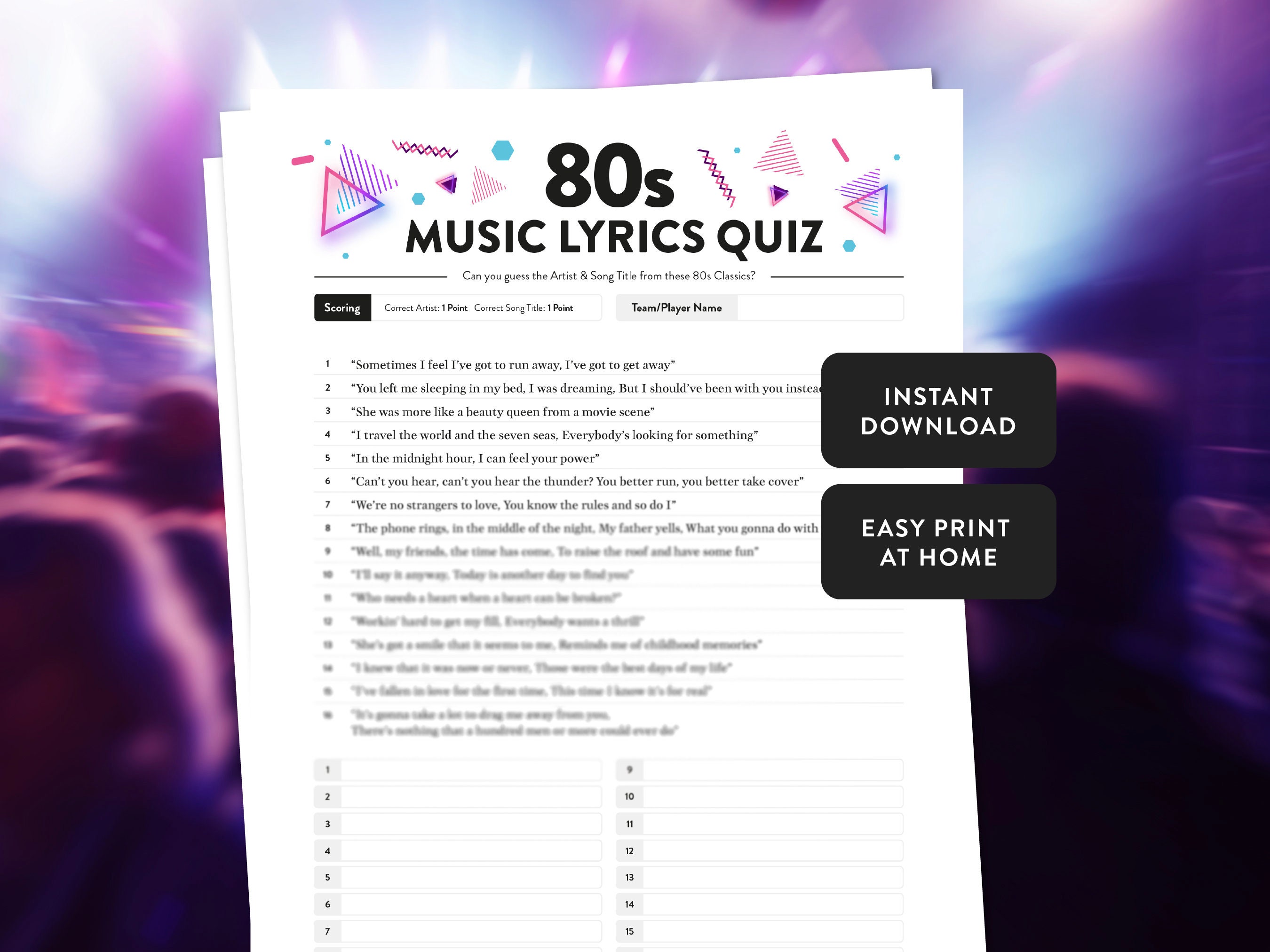 80s Music Lyrics Quiz Instant Download Printable at Home - Etsy