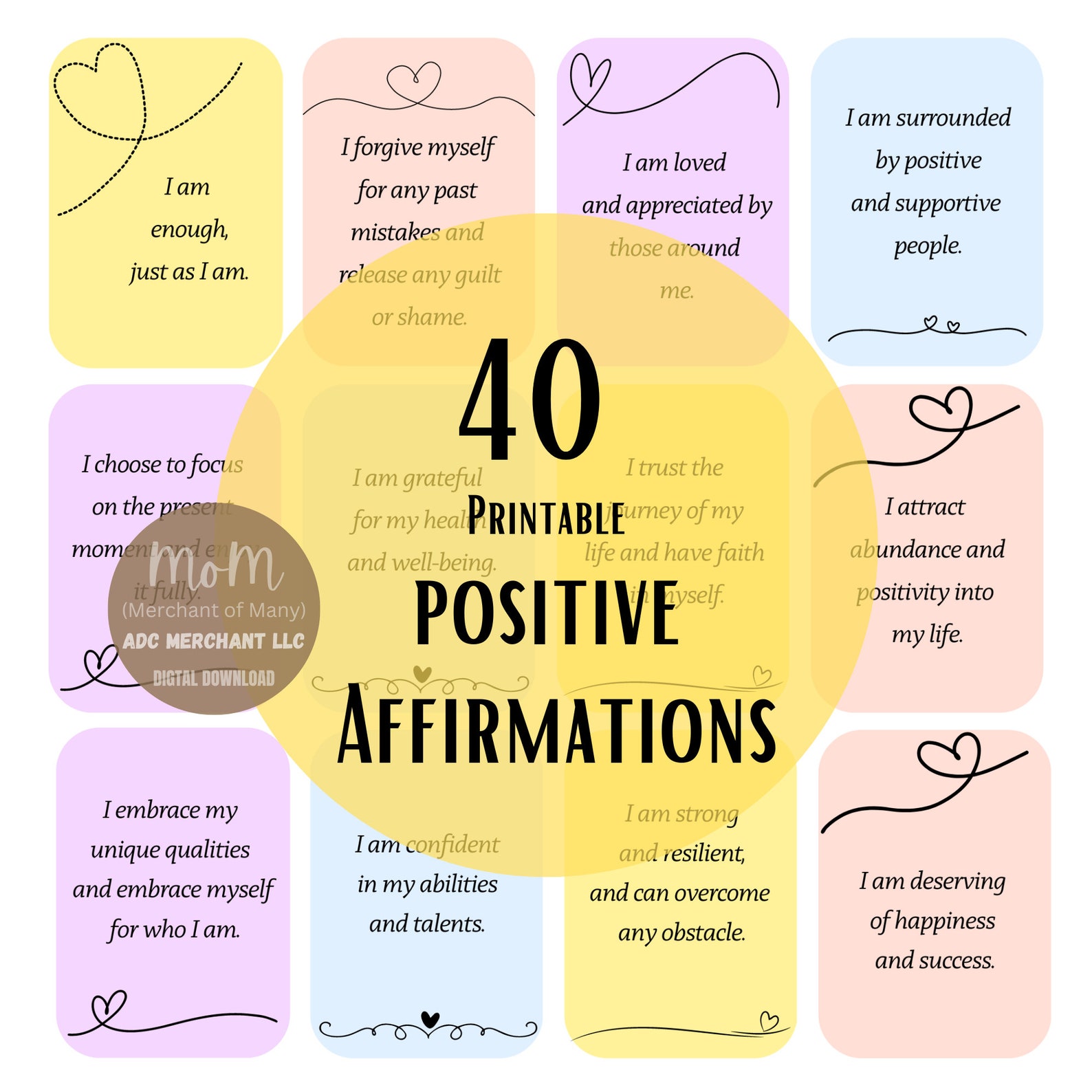 Printable Positive Affirmation Cards, 40 Positive Affirmation Cards ...