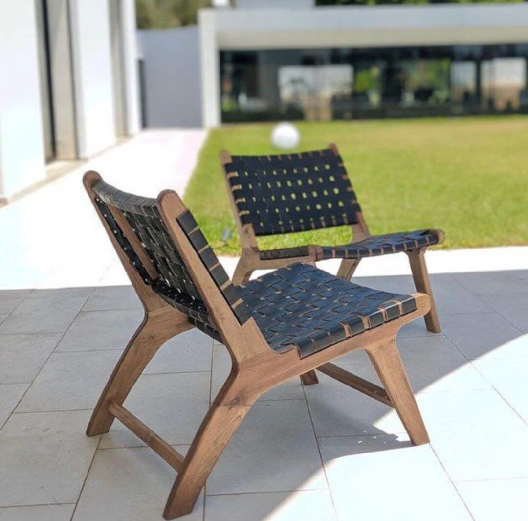 Lounge Chair, Woven Leather Accent Chair, Leather Chair, Wood Lounge ...