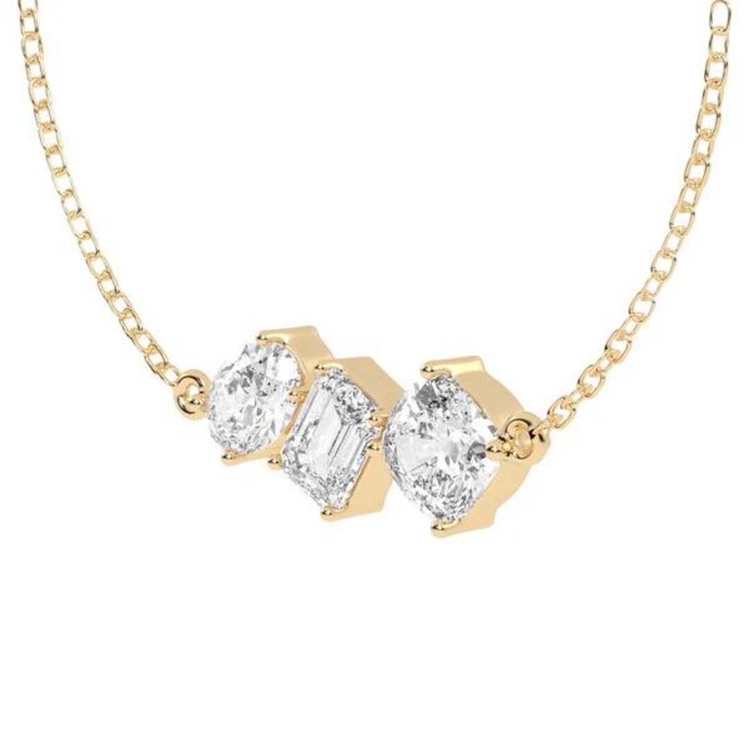 14K Solid Gold Cluster Trio Diamond Pendant, Multi Shape Pendant Chain ...
