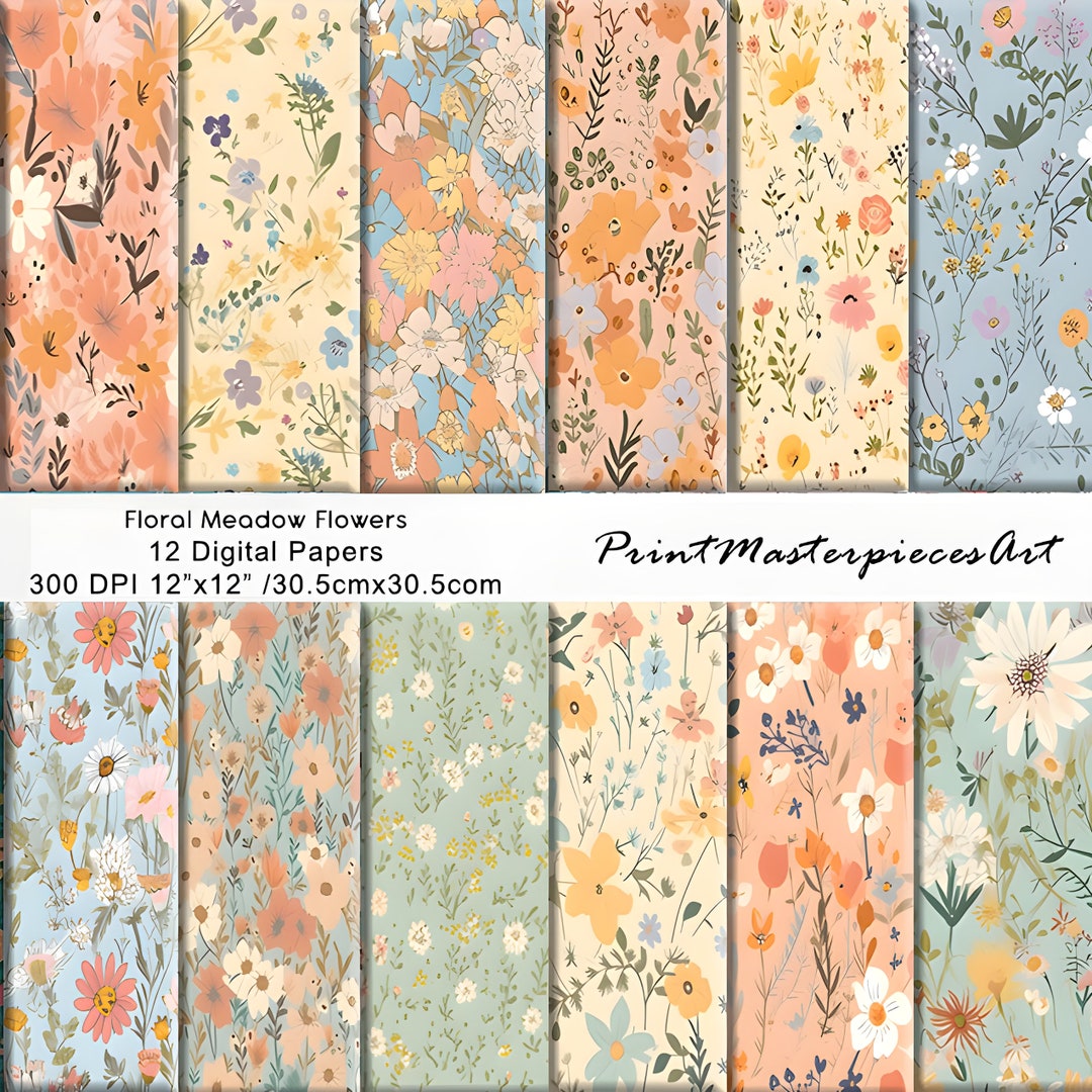 Floral Meadow Flowers Digital Paper, Pastel Colors Seamless Pattern ...