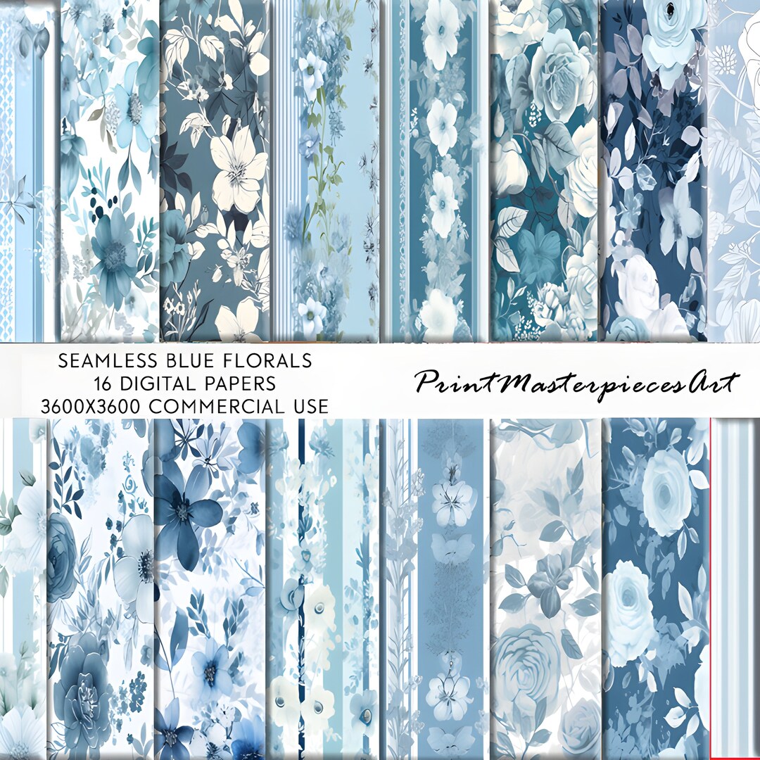 Blue Floral Digital Paper 16 Seamless Backgrounds Seamless Paper With ...