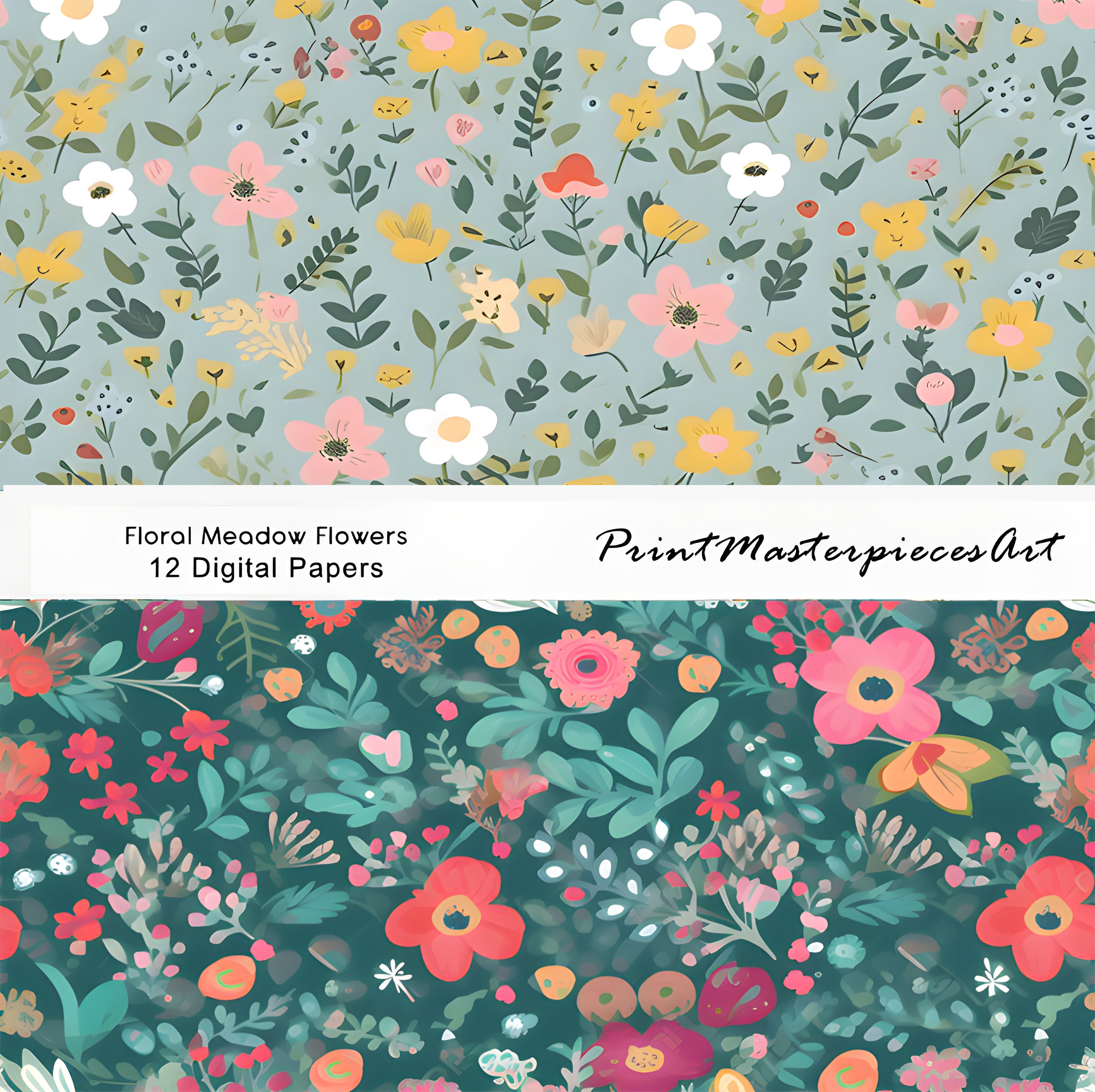 Floral Meadow Flowers Digital Paper, Blue, Aqua and Pink Seamless ...