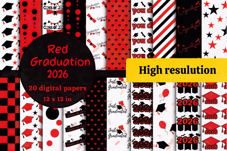 Red Graduation Digital Paper Pack | 2026 Class, Seamless Patterns ...