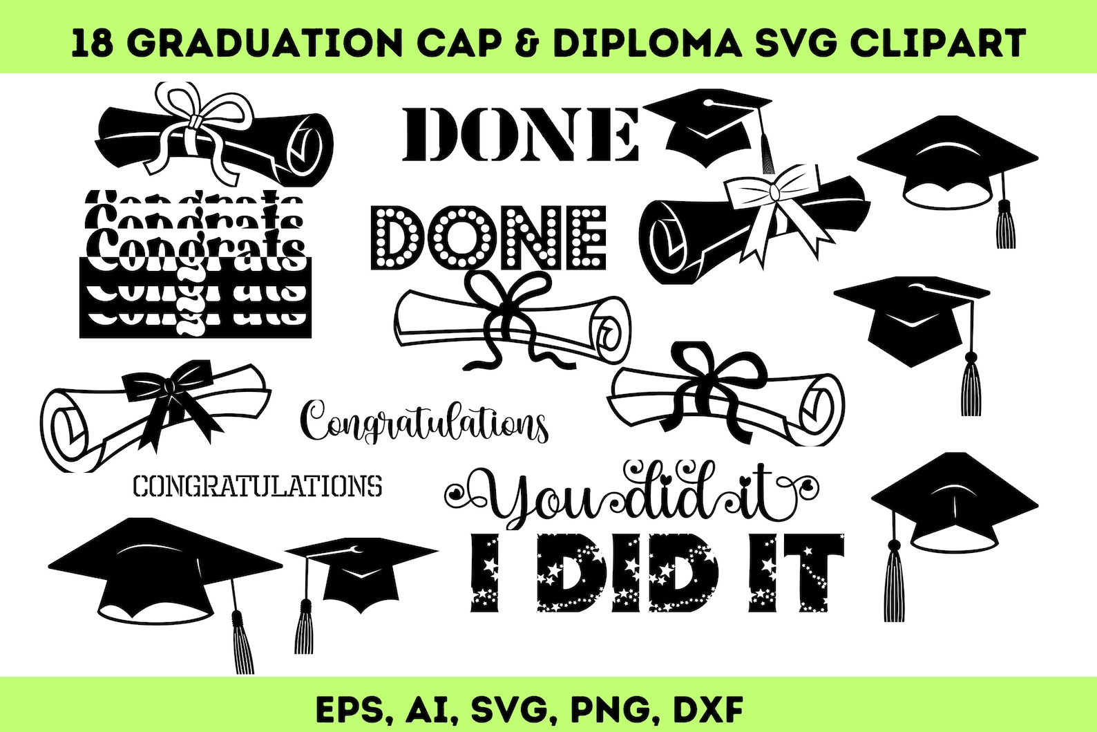 Graduation Cap & Diploma SVG Clipart, Graduation Elements, Diploma ...