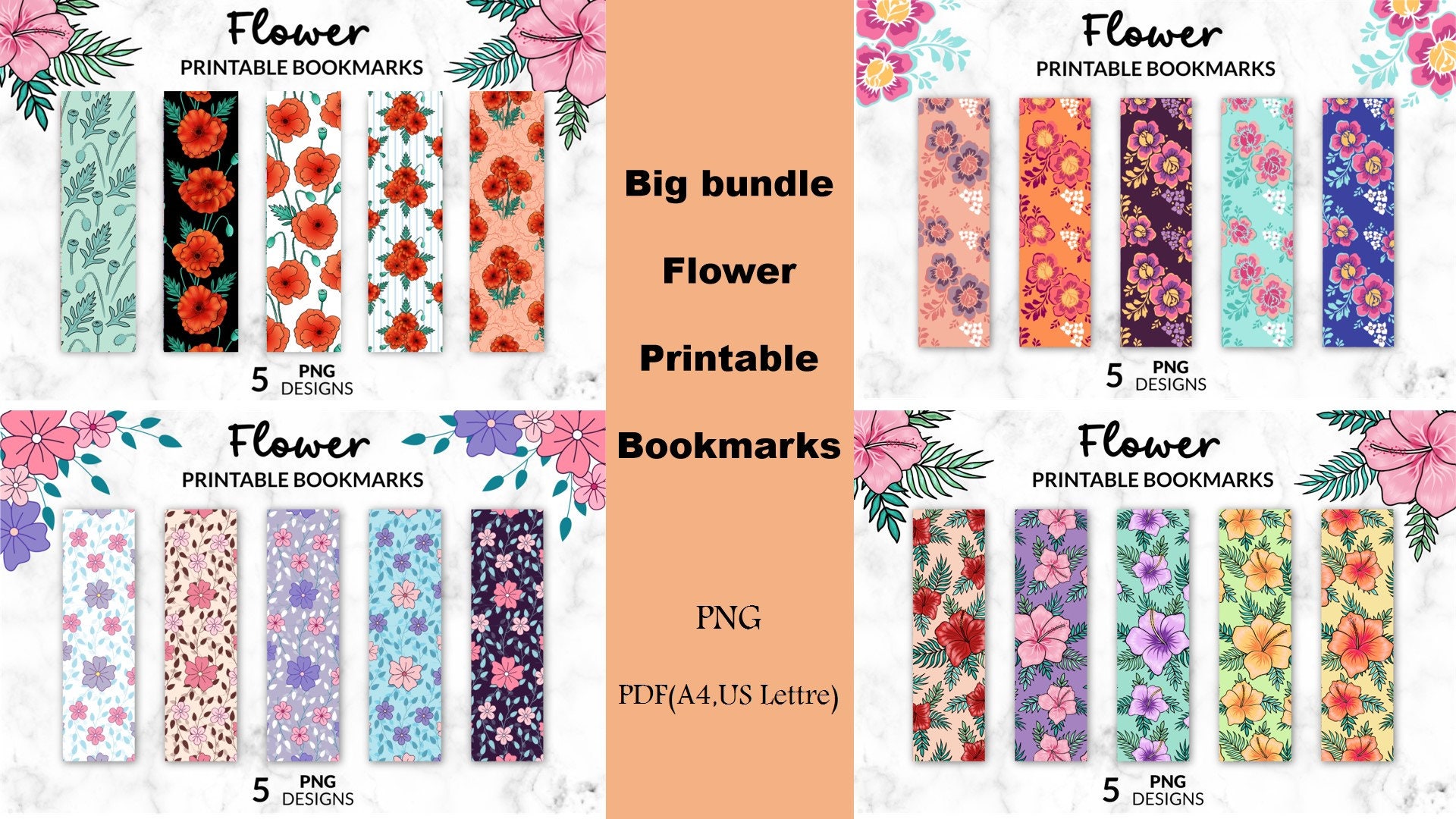 Flower Printable Bookmark, Printable Bookmarks Bundle, Bookmarks ...