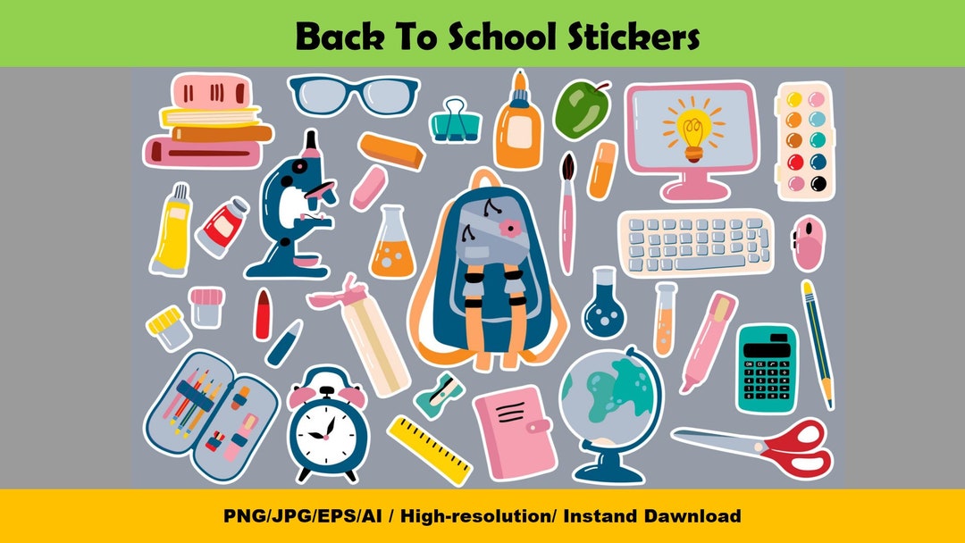 School Clipart Set, Back to School Stickers Set, Art Supplies Clipart ...