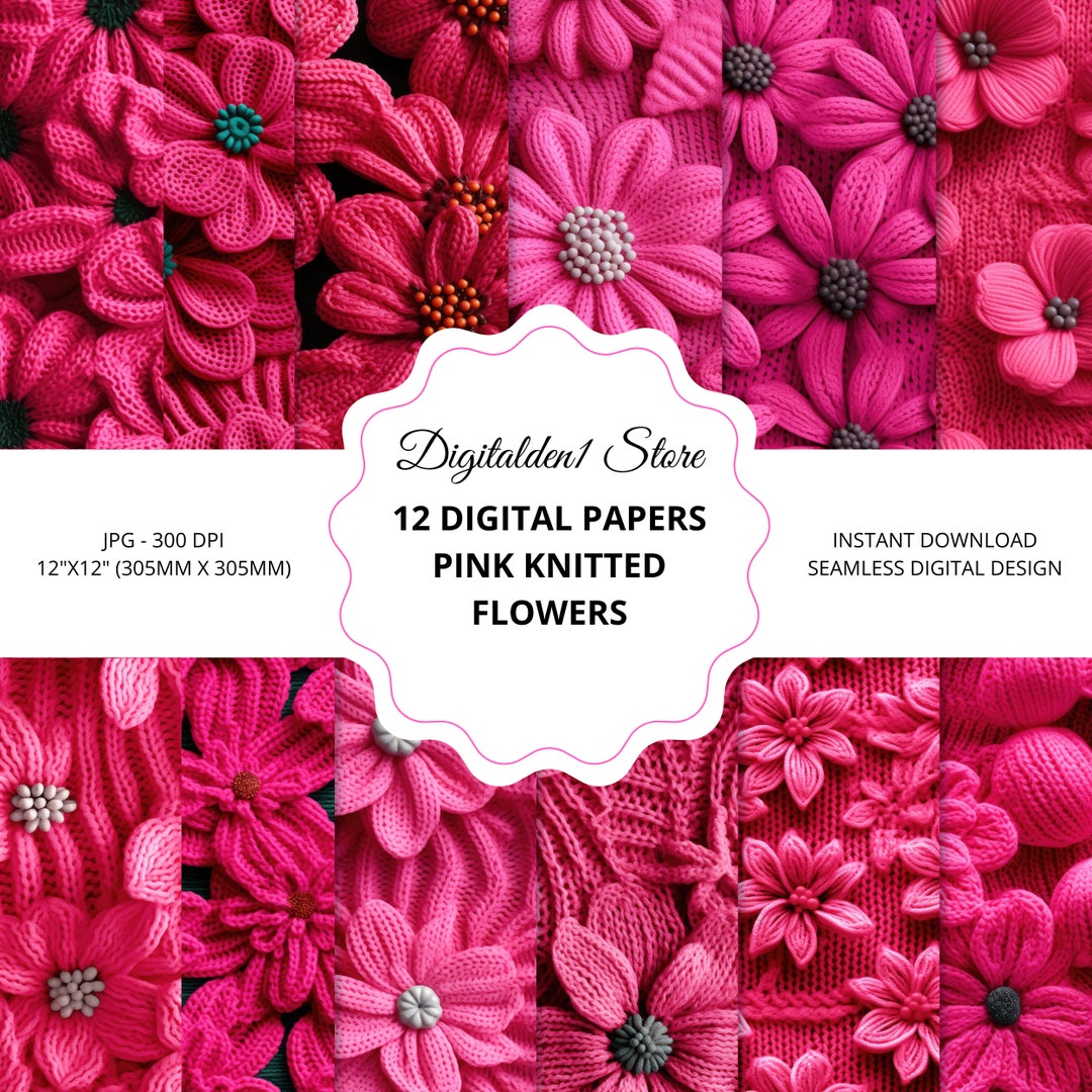 Bright Pink Knitted Flowers Seamless Patterns, Pink Knitted Flowers ...
