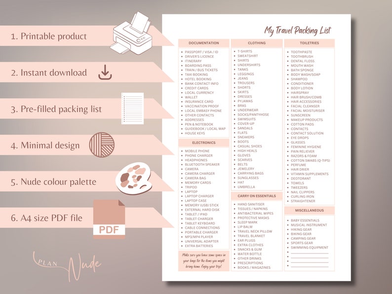 The Nude Colour Palette Printable Travel Checklist, Packing List ...