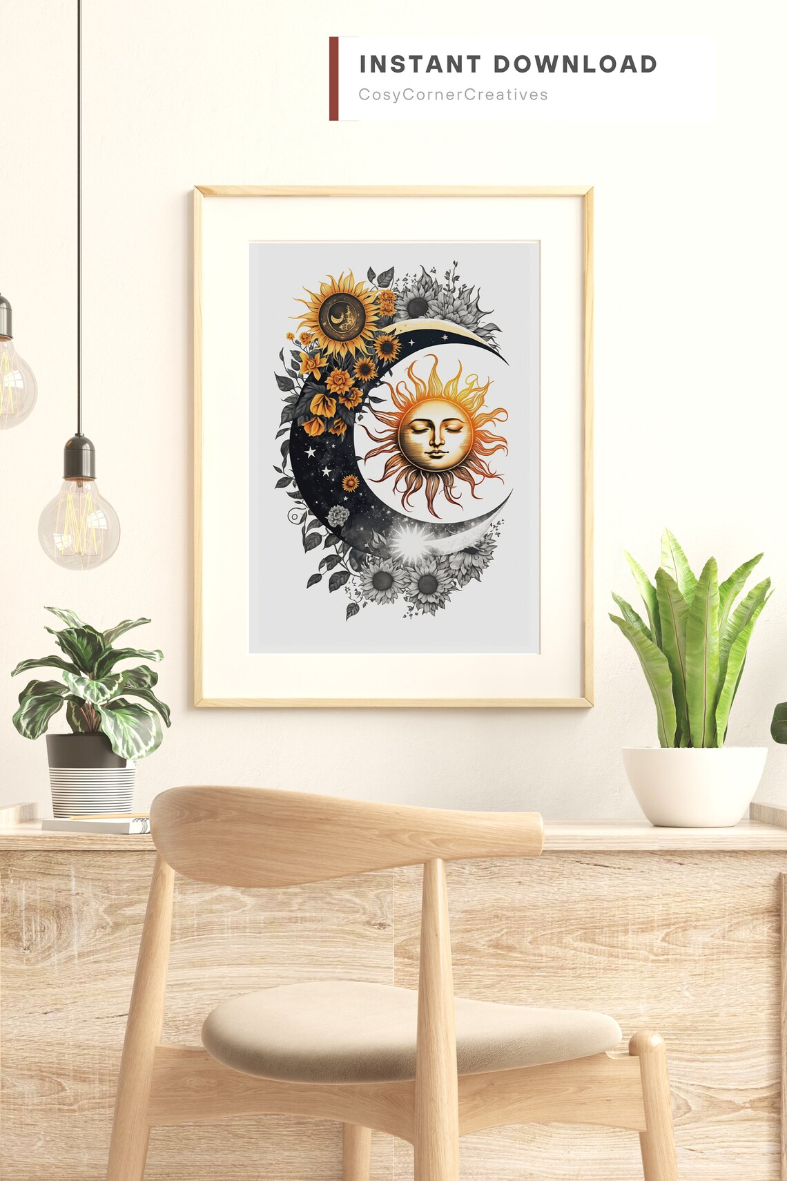 Sun and Moon Sunflower Celestial Instant Download Digital Wall Art Boho ...