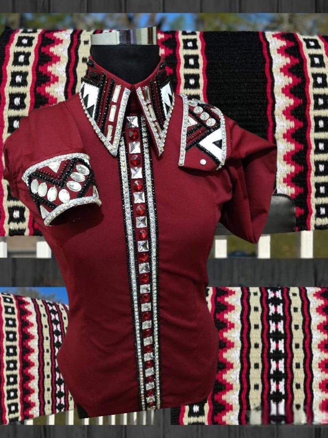 Maroon Colour Western Show Shirt & Wool Saddle Pad Set: Rhinestone ...