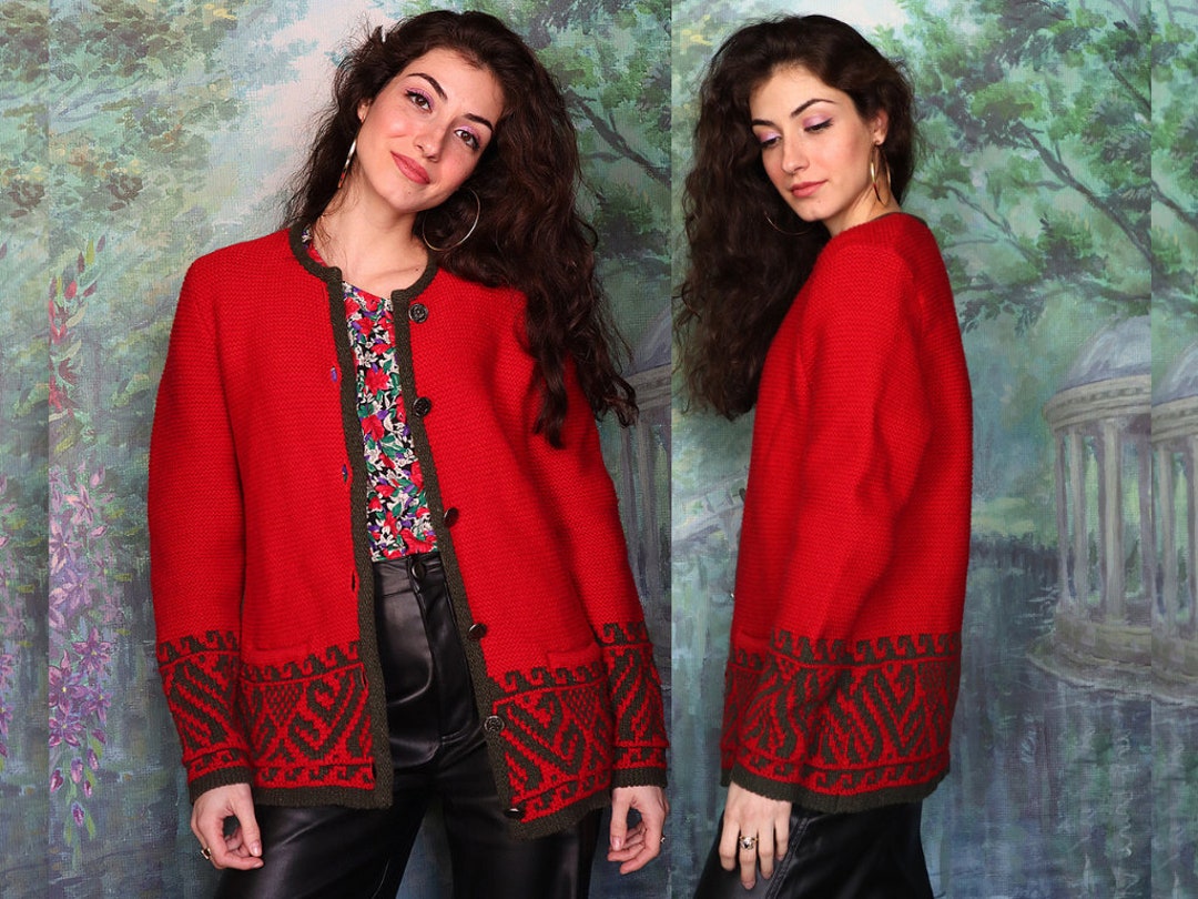 Austrian Vintage Wool Red Long Jacket , Wool Knit Cardigan Blazer, Red ...