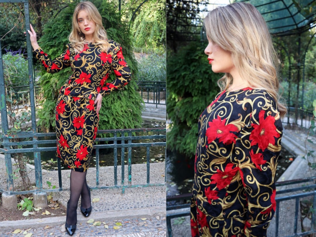Vintage Baroque Silk Long Gold Floral Red Flowers Baroque Dress - Etsy