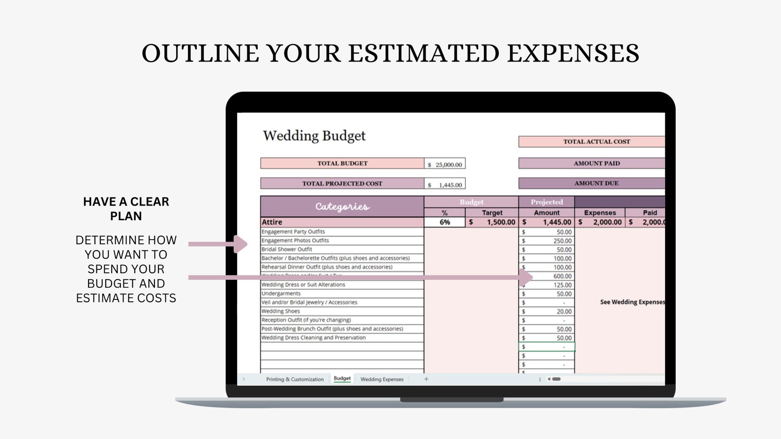 Wedding Budget Planning Spreadsheet Digital Wedding Budget Planner ...