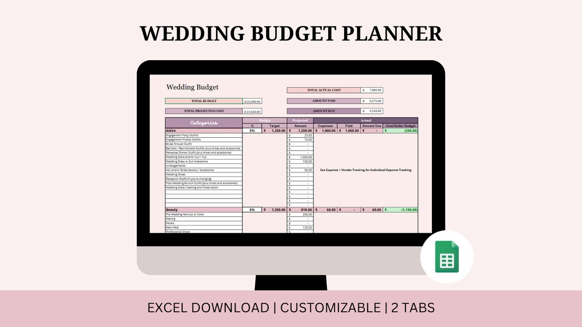 Wedding Budget Planning Spreadsheet Digital Wedding Budget Planner ...