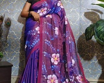 Tissue Cotton Hand Print Saree for Indian Women Traditional and Ethnic ...