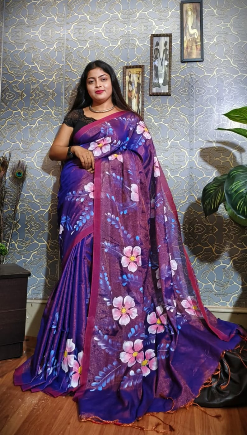 Tissue Cotton Hand Print Saree for Indian Women Traditional and Ethnic ...
