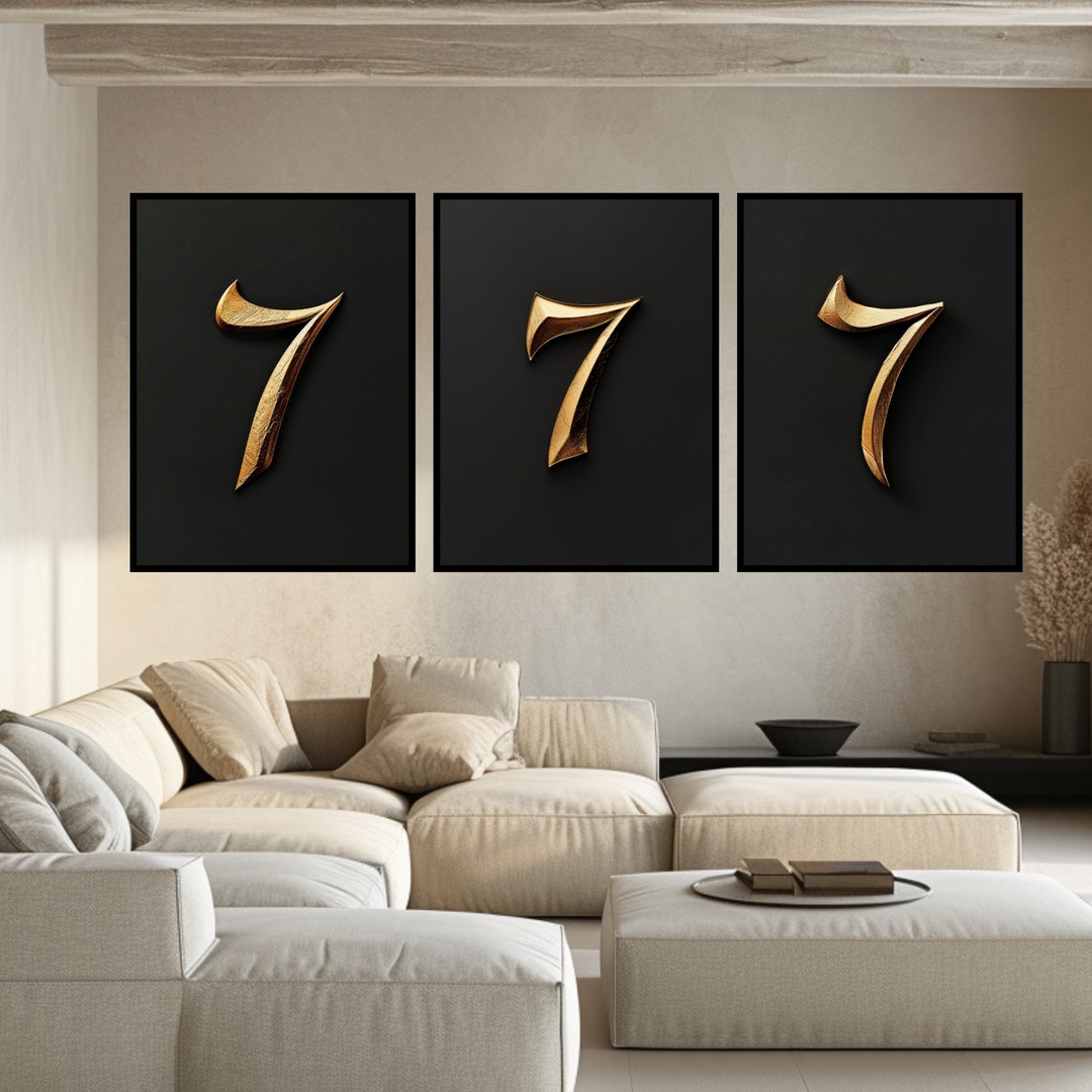 Number Signs, Number 7 Print, PRINTABLE Art, Black and Gold Art ...