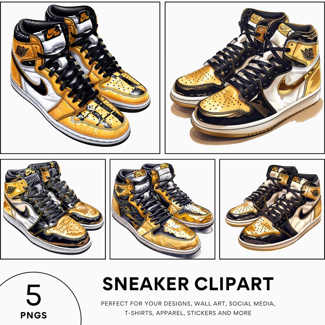 5 High-top Black and Gold Sneaker Illustrations, Clipart PNG Retro ...
