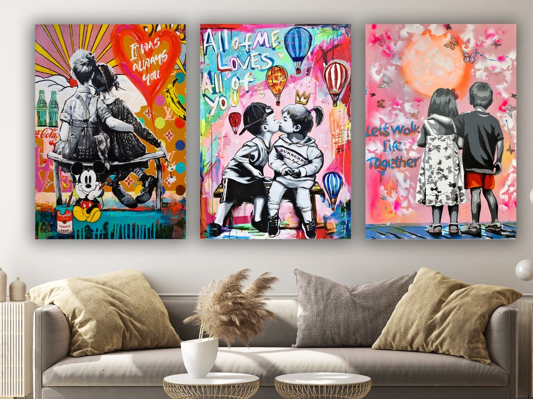 Banksy Set of 3 Canvas, Love and Kissing Art, Gift for Lover, Colourful ...
