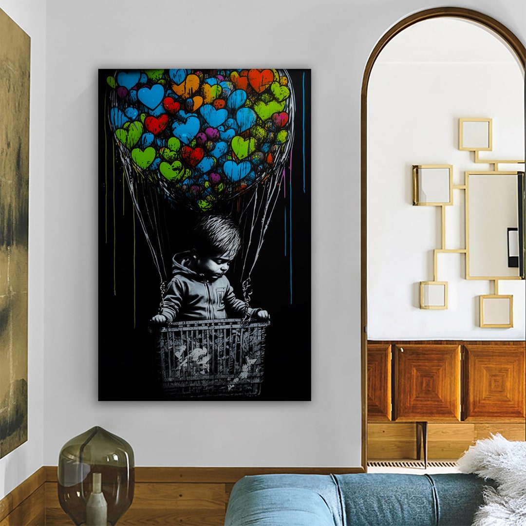 Banksy Balloon and Child Canvas, Flying Balloon Painting, Child Flying ...