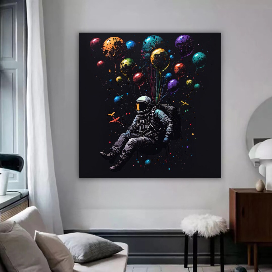 Spaceman Flying Astronaut Planets Space Canvas Framed Print Wall Art ...