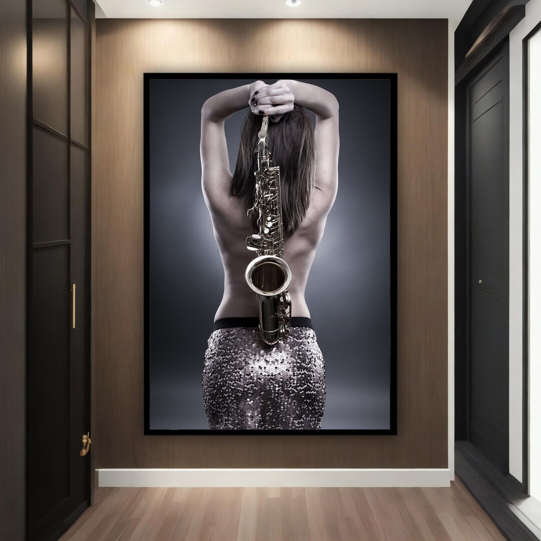 Saxophone and Woman Surreal Canvas Painting, Saxophone Woman Abstract ...