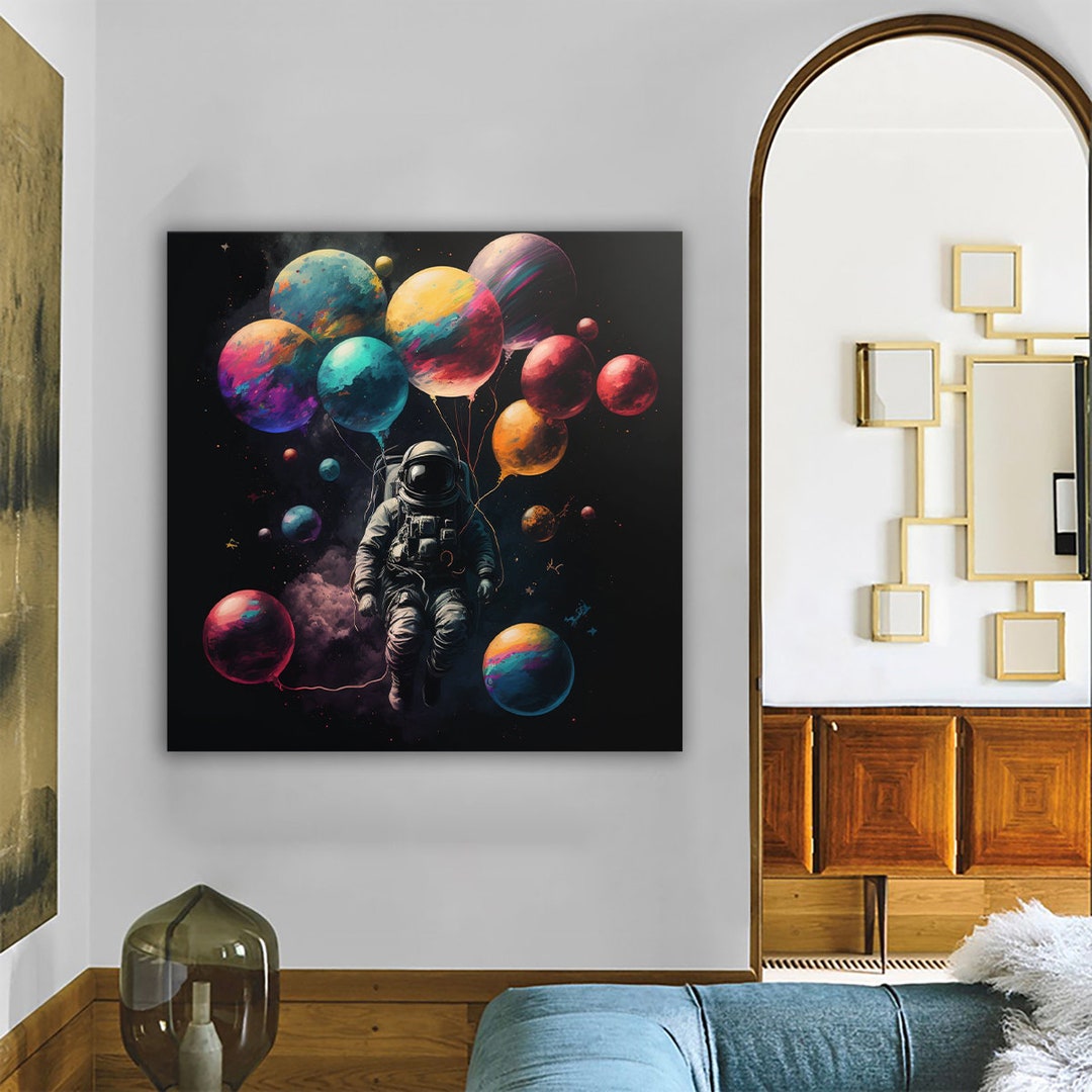 Spaceman Flying Astronaut Planets Space Canvas Framed Print Wall Art ...
