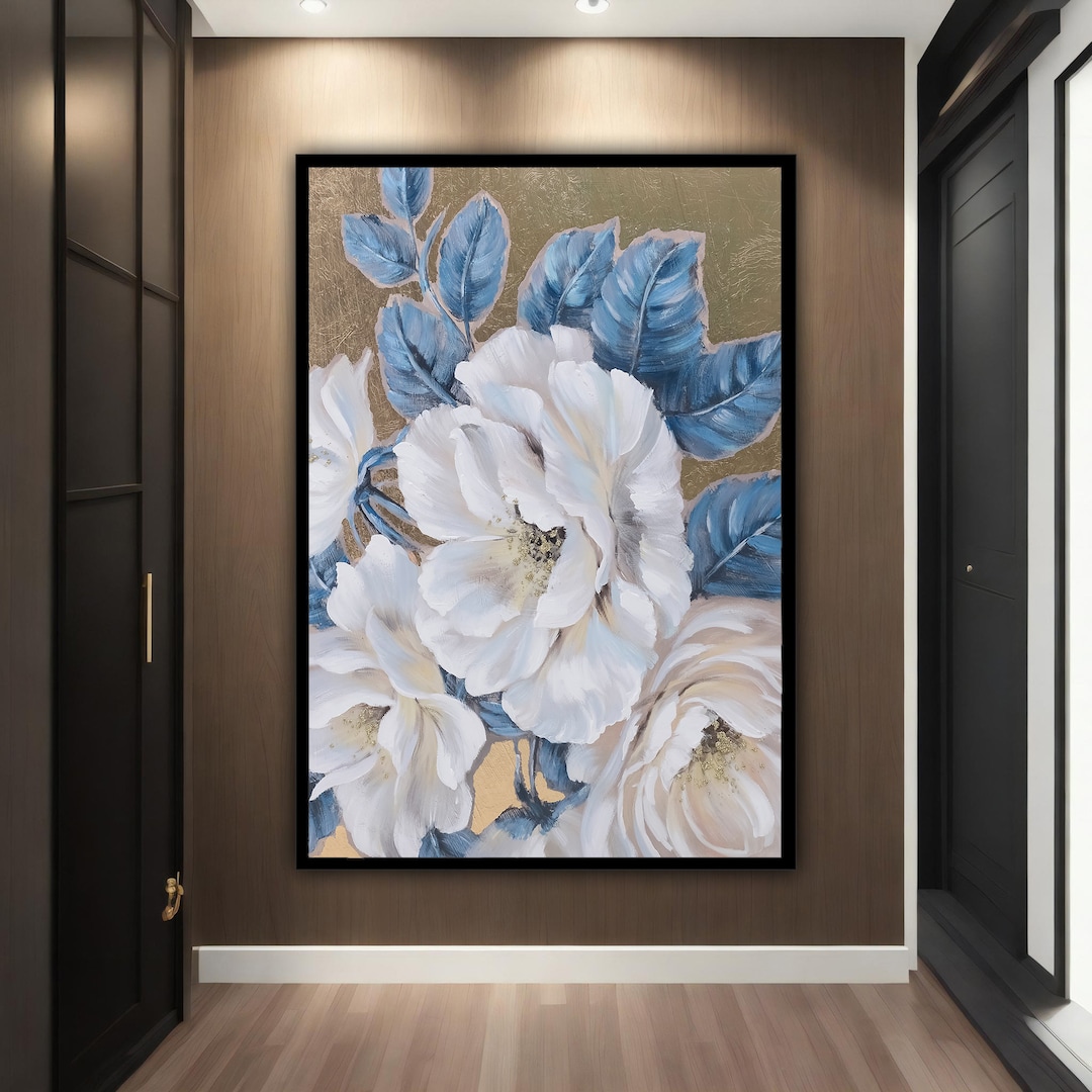 White Flowers Framed Canvas Painting, Flower Canvas Print Art, Floral ...