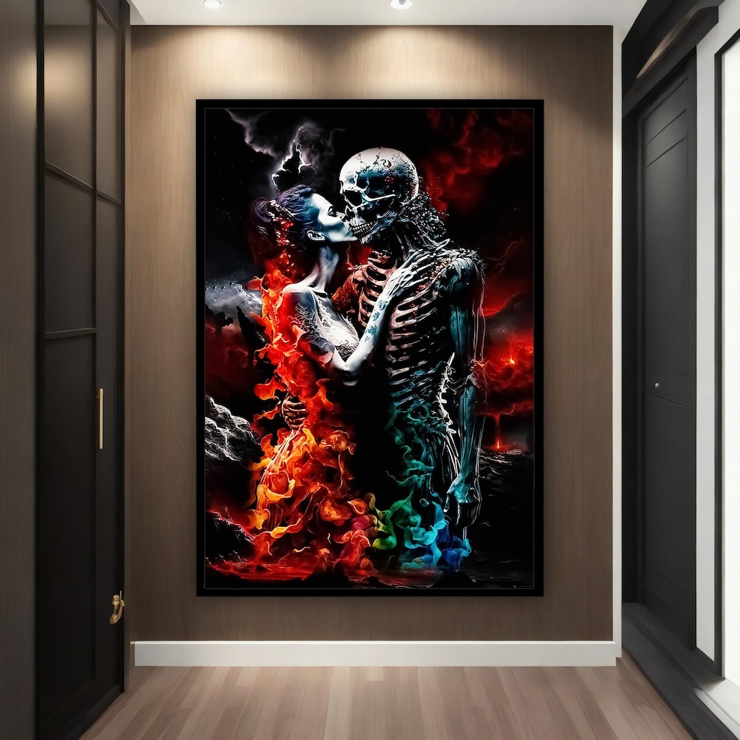 Skeleton Lovers Kiss, Hugging Couple Skull Canvas Wall Art , Skull ...
