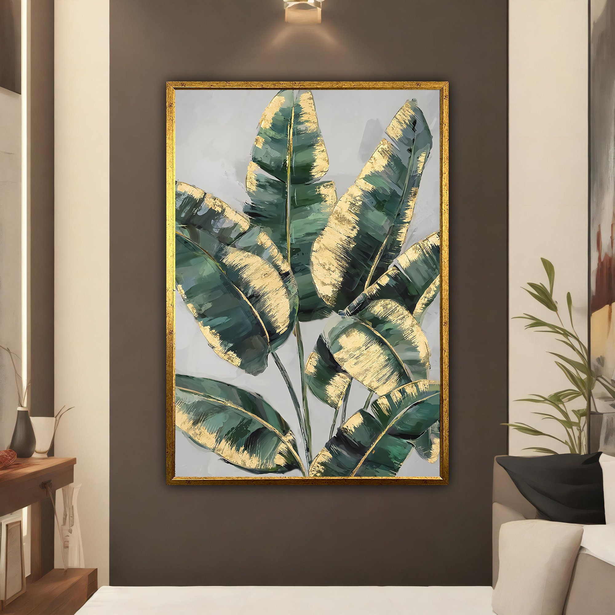 GREEN and Gold Tropical Leaves Canvas Painting, Artistic Leaf Painting ...