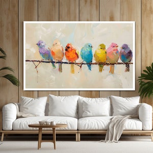 Colorful Birds Canvas Painting, Birds Standing on Wire Art, Oil ...