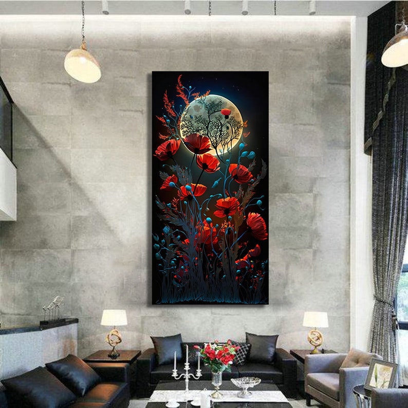 Moon Canvas Painting Moon and Flowers Art Nature Canvas - Etsy