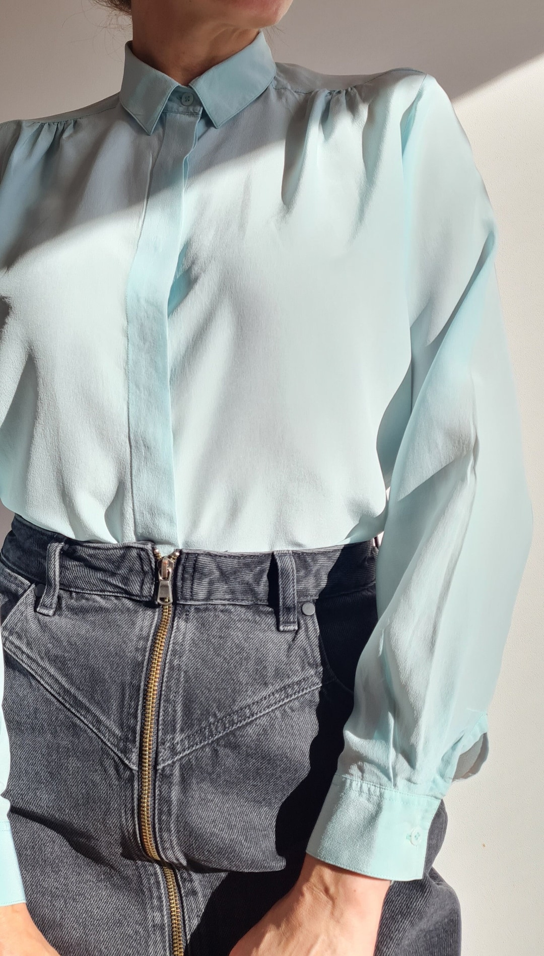 Pure Silk Light Blue Vintage Shirt/elegant 100% Silk Button-up Blouse ...