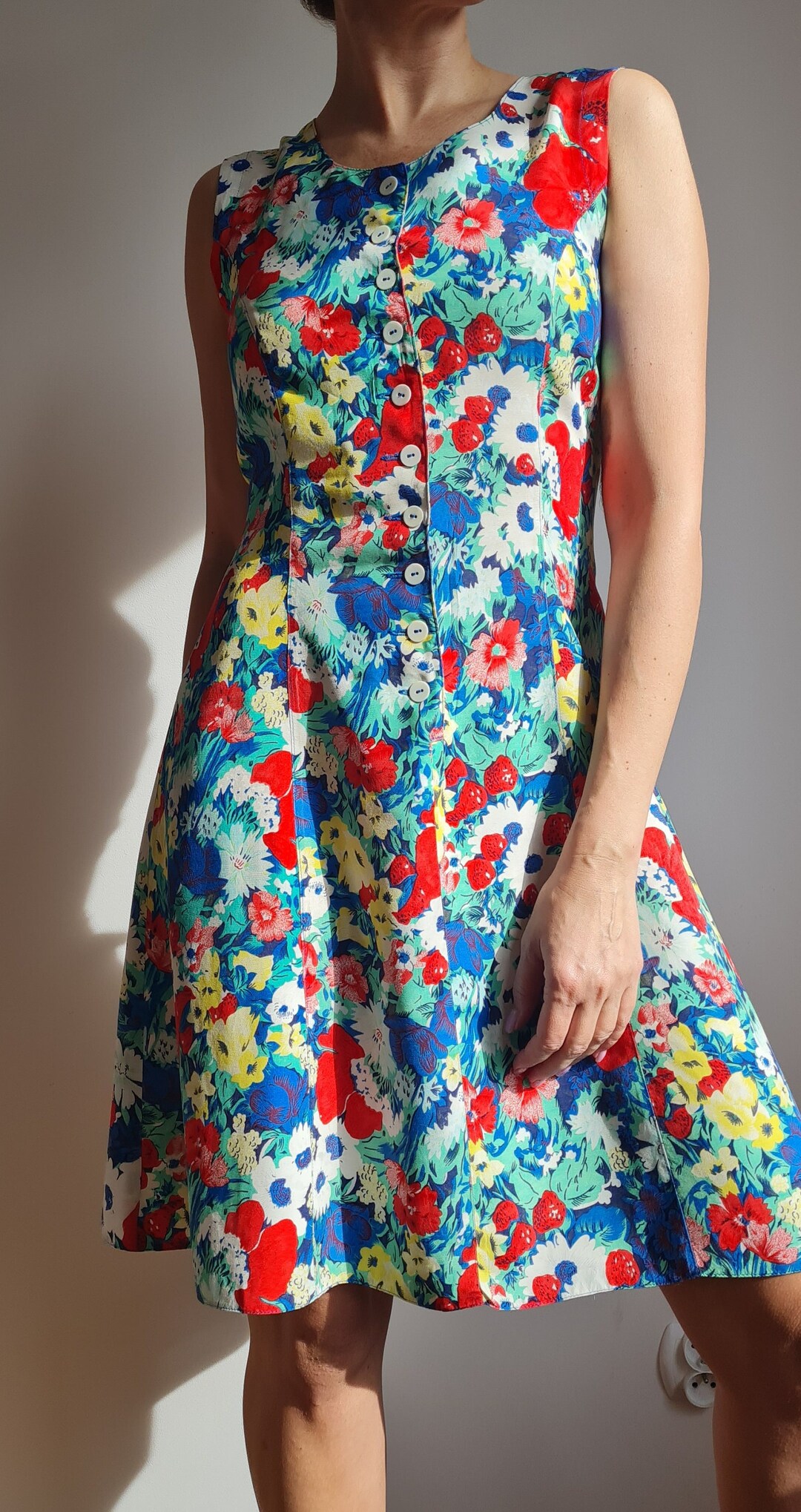 80s Viscose Colorful Sundress| Vintage Summer Flared Dress With Flowers ...