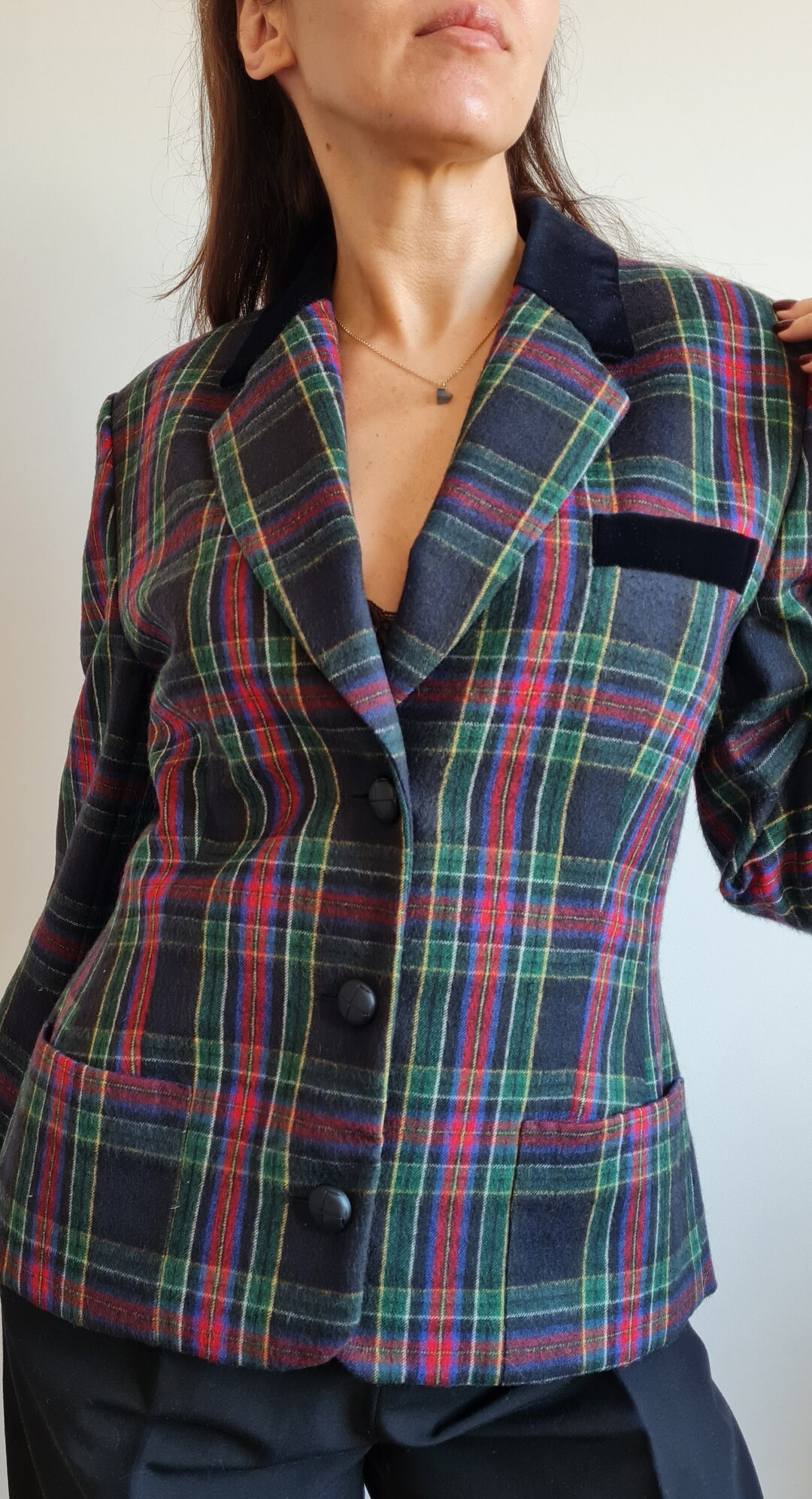Vintage Checked Wool Blazer With Velvet Inserts|retro Red-green-blue ...